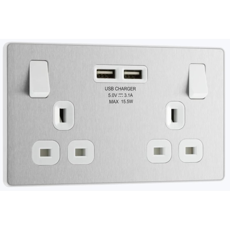 Brushed Steel 2 Gang USB Socket | Holbury Hardware Stores